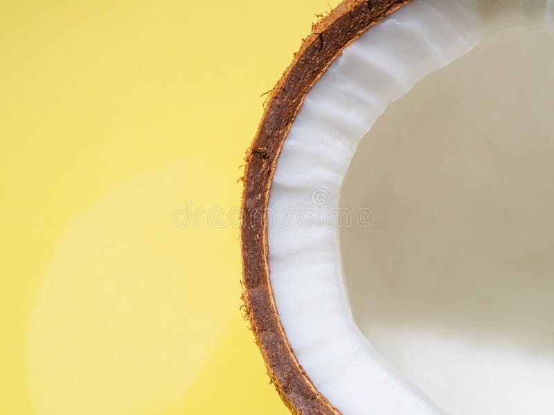 Macro Shot of Coconut Texture with Copy Space, Coconut Half on Yellow ...