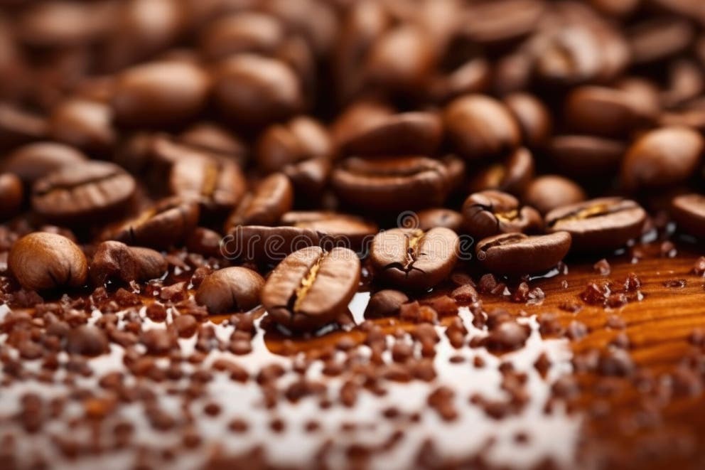 Macro Shot of Crushed Coffee Beans with Extract Droplets Stock Photo ...