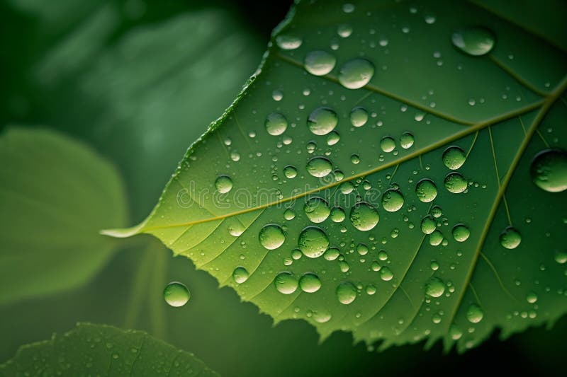 Macro Shot of Dew Drops on Green Leaf in Natural Setting, Generative Ai ...
