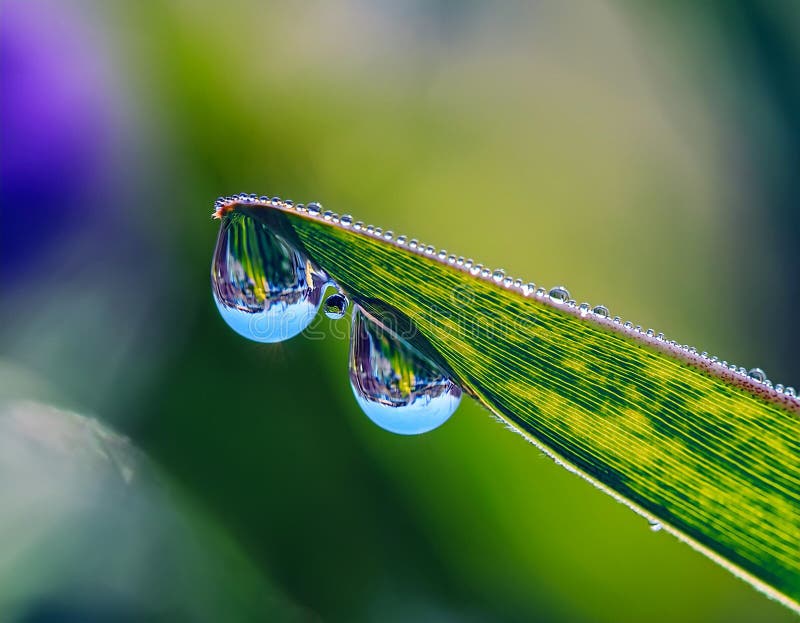 A Macro Shot of a Dewdrop on a Leaf Reflecting an Intricate Iris-like ...