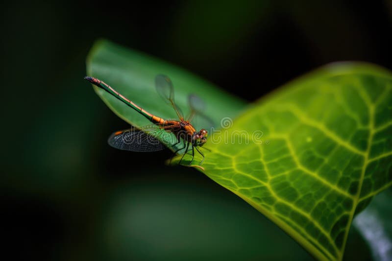 Macro Shot of Dragonfly Resting on Leaf Stock Illustration ...