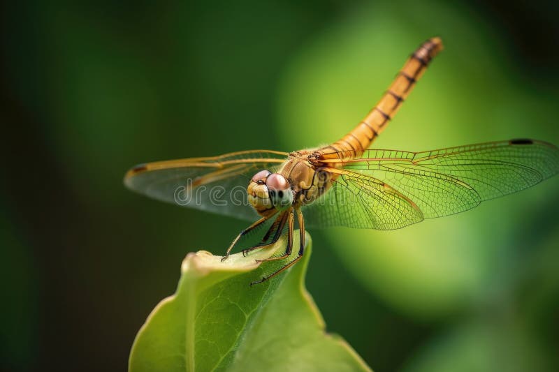 Macro Shot of Dragonfly Resting on Leaf Stock Illustration ...