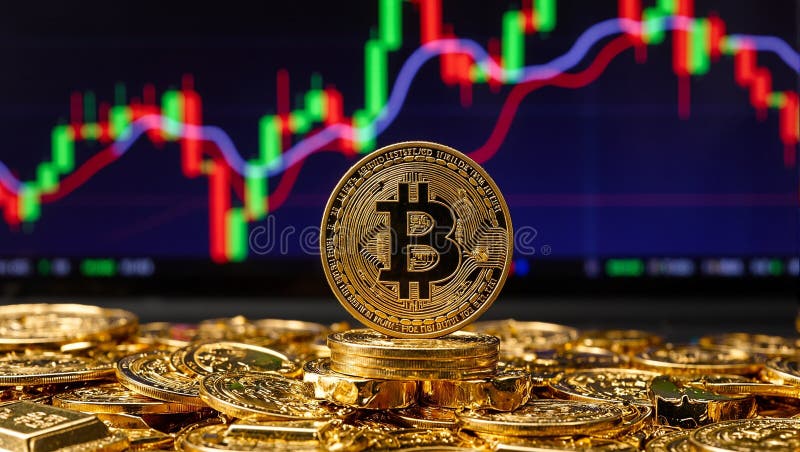 Macro Shot of Embossed Gold Coin on Gold Bars with Stock Market Graph ...