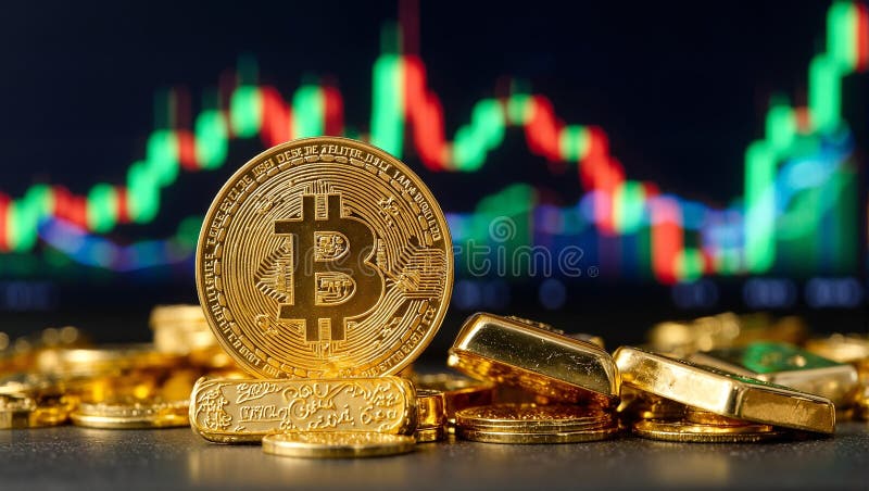 Macro Shot of Embossed Gold Coin on Gold Bars with Stock Market Graph ...