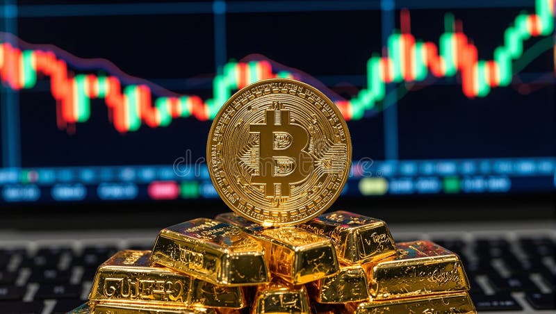 Macro Shot of Embossed Gold Coin on Gold Bars with Stock Market Graph ...