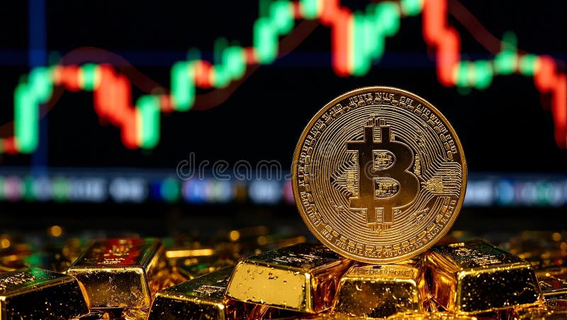 Macro Shot of Embossed Gold Coin on Gold Bars with Stock Market Graph ...