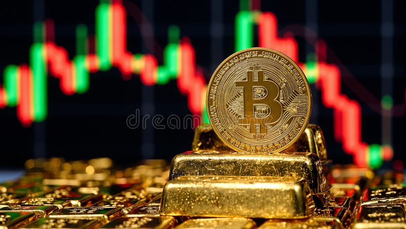 Macro Shot of Embossed Gold Coin on Gold Bars with Stock Market Graph ...
