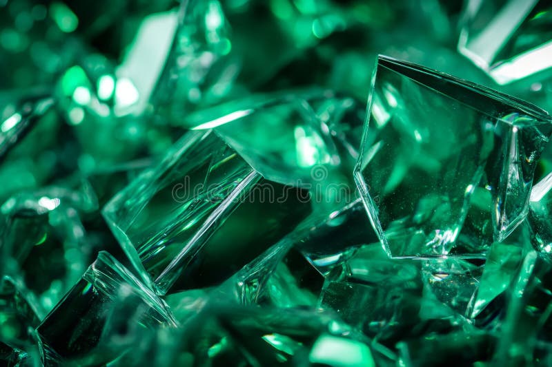 Macro Shot of Emerald Green Glass Shards Reflecting Light, Jagged ...