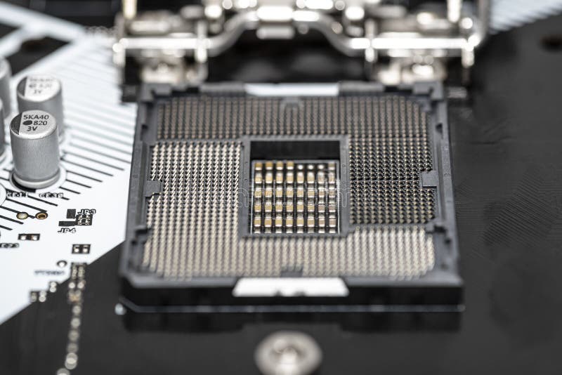 Macro Shot of Empty Modern LGA 1200 Socket for CPU on Black Desktop ...