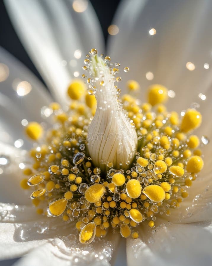 Macro Shot of Flower Pistil with Pollen and Dew Drops. Stock Photo ...