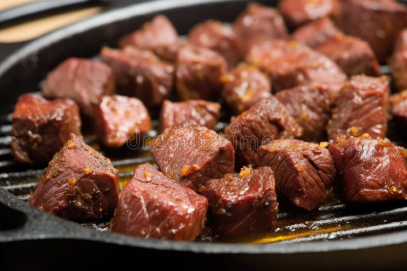 Macro Shot of Garlic Bbq Steak Tips on Cast Iron Grill Pan Stock ...