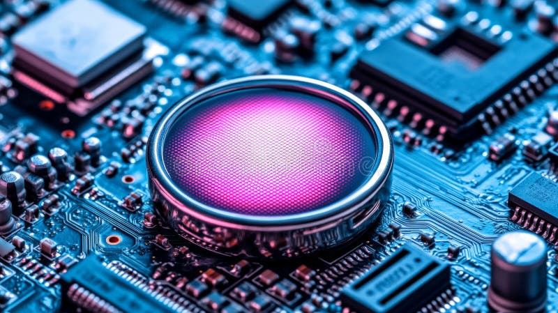 Macro Shot of Glowing Semiconductor Wafer on Circuit Board with Vibrant ...
