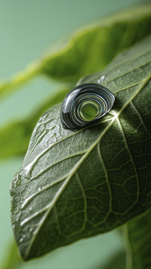 Macro Shot of a Green Leaf with a Water Droplet Slowly Sliding Down Its ...