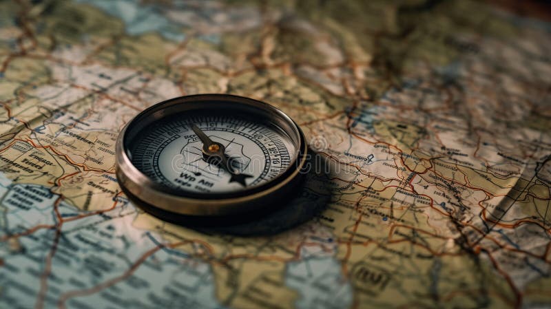 A Macro Shot of a Hiking Map with Compass Realistic. Al Generated Stock ...