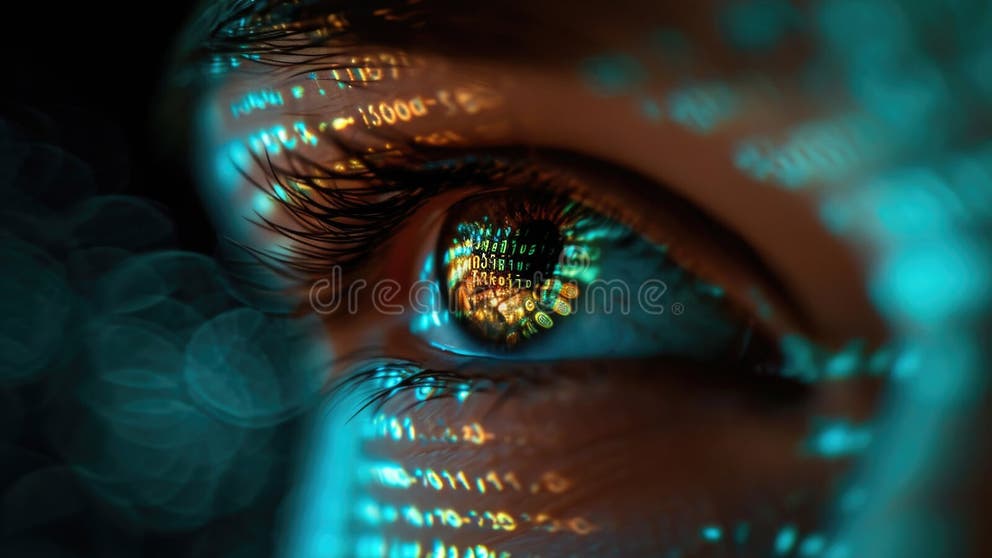 Macro Shot of a Human Eye with Digital Binary Code, Symbolizing ...