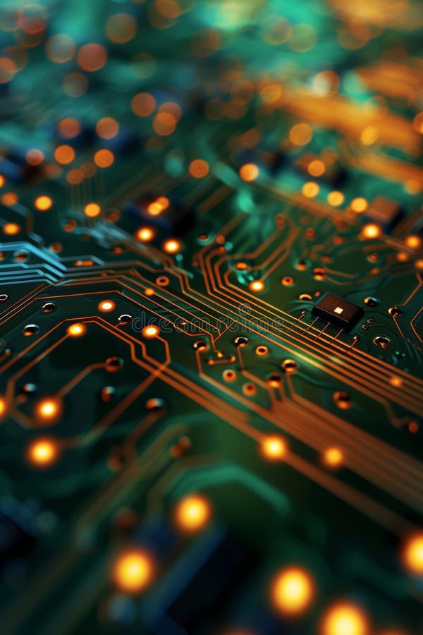 Macro Shot of an Intricate Circuit Board with Complex Golden Pathways ...