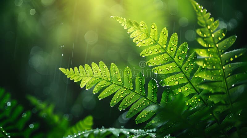 Macro Shot of Lush Green Ferns with Water Droplets, Backlit, Soft Focus ...