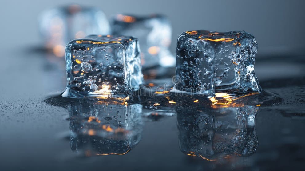 Macro Shot of Melting Ice Cubes with Tiny Air Bubbles Inside, Glossy ...