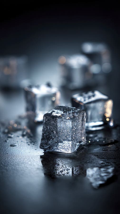 Macro Shot of Melting Ice Cubes with Tiny Air Bubbles Inside, Glossy ...