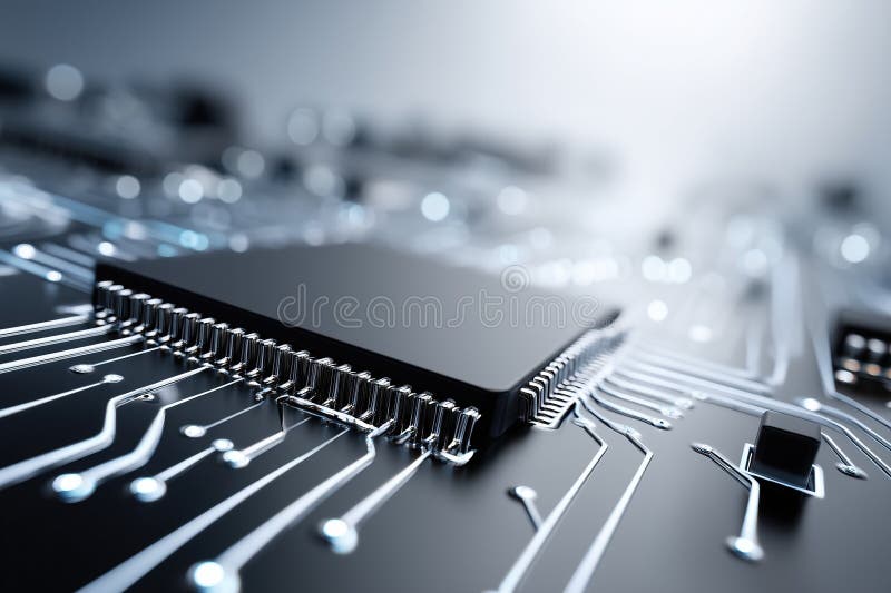 Microchip on Motherboard with Metallic Connections. Advanced Computing ...