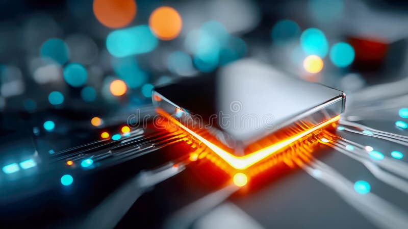 Macro Shot of a Modern Microchip on a Motherboard with Red and Blue ...