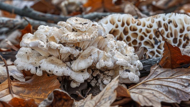 A Macro Shot of a of Mushrooms Growing on a Bed of Decaying Leaves ...