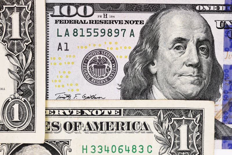 Macro Shot of a New 100 Dollar Bill and One Dollar Stock Photo - Image ...