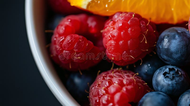 A Macro Shot of an Orange, Raspberry, Blueberry Stock Photo - Image of ...