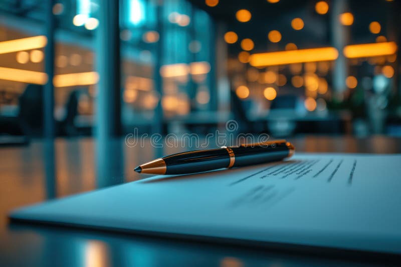Macro Shot of Pen on Paper with Blurred Office Background, Creating ...