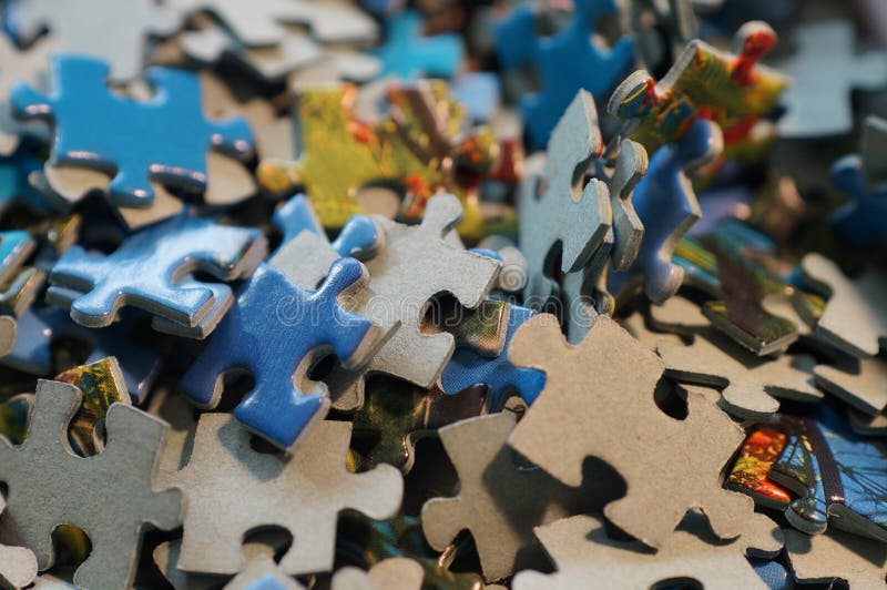Pile of Puzzle Pieces on Table. Stock Photo - Image of metaphor, blue ...