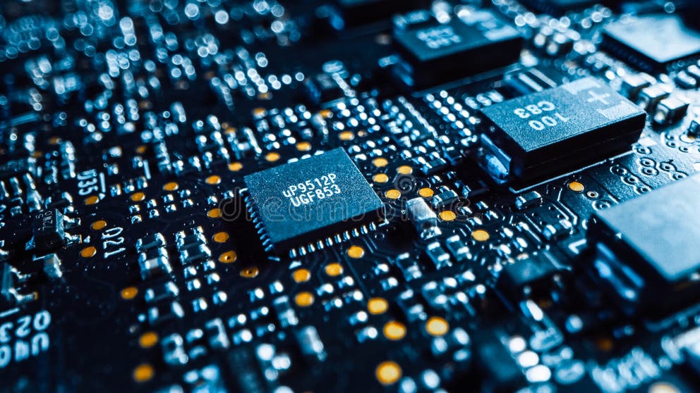Macro Shot of Printed Circuit Board with Computer Motherboard Components: Microchip, CPU ...
