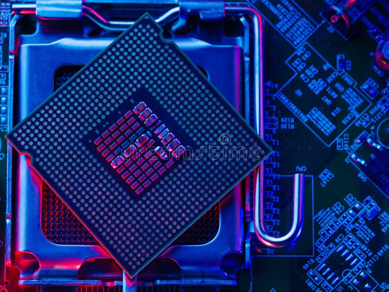 Macro Shot of the Processor, Socket in the Motherboard. Blue Neon ...