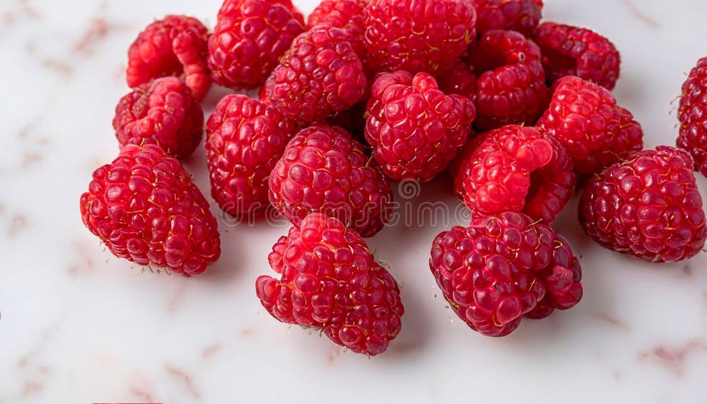 Macro Shot of Scattered Raspberries on White Marble Table Top View ...