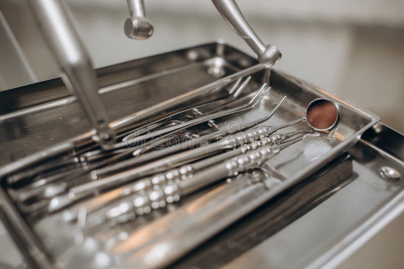 Macro Shot of Shiny Dental Tools on Modern Clinic Stock Image - Image ...