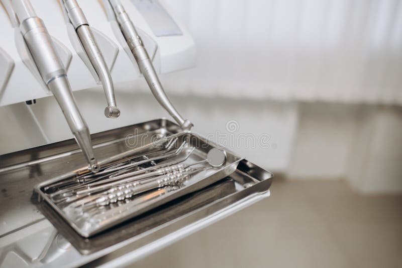 Macro Shot of Shiny Dental Tools on Modern Clinic Stock Image - Image ...