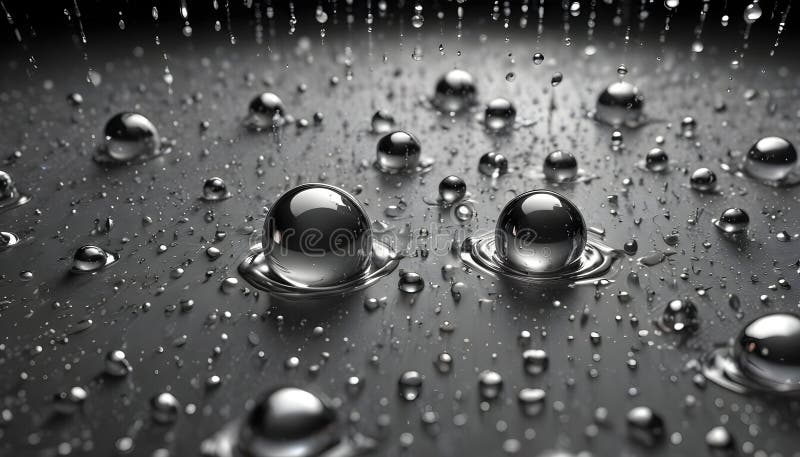 A Macro Shot of Silver Liquid Droplets on a Dark, Metallic Surface. the ...