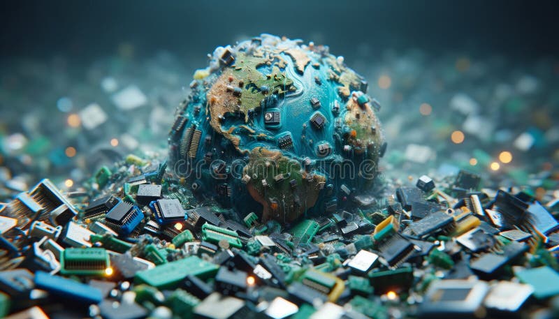 Macro Shot of a Small Earth Swamped by a Tide of Electronic Components ...