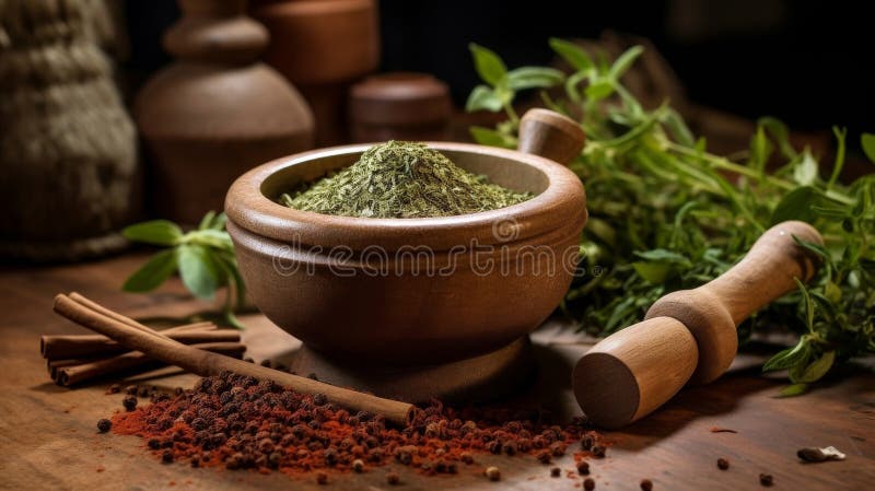 A Macro Shot of Spices and Herbs in a Mortar and Pestle, with a ...