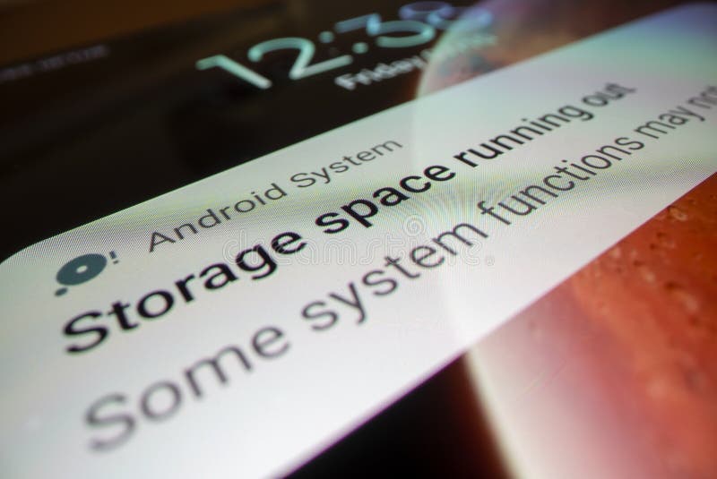 Macro Shot of Storage Space Running Out Warning in Android Smartphone ...