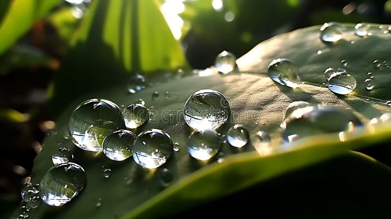 Sunlit Water Drops on Leaf. Spectacular Water Droplets. AI Generative ...