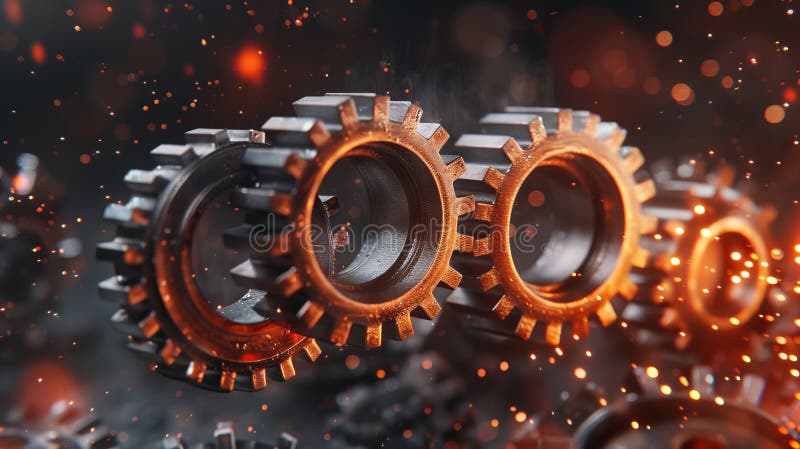 Macro Shot of Synchronized Moving Gears with Sparks, Blurred Background ...