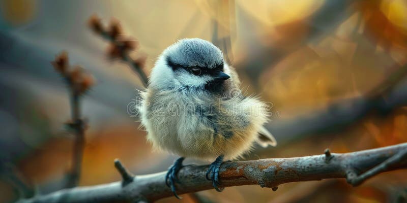 Macro Shot of a Tiny Chickadee Perched on a Tree Branch, Fluffy ...