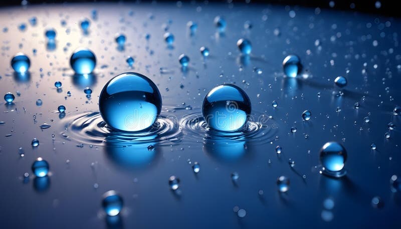 A Macro Shot of Two Large Water Droplets on a Blue Surface with Smaller ...