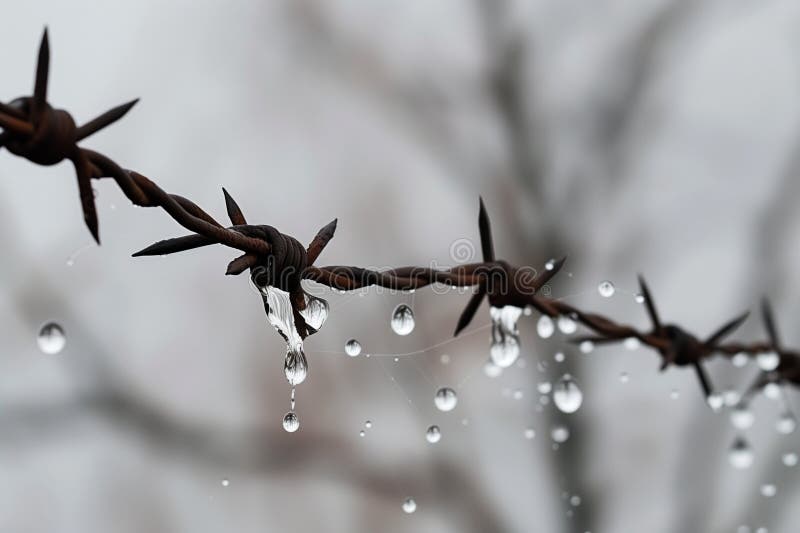 Macro Shot of Water Droplets on Barbed Wire after Rain Stock Photo ...