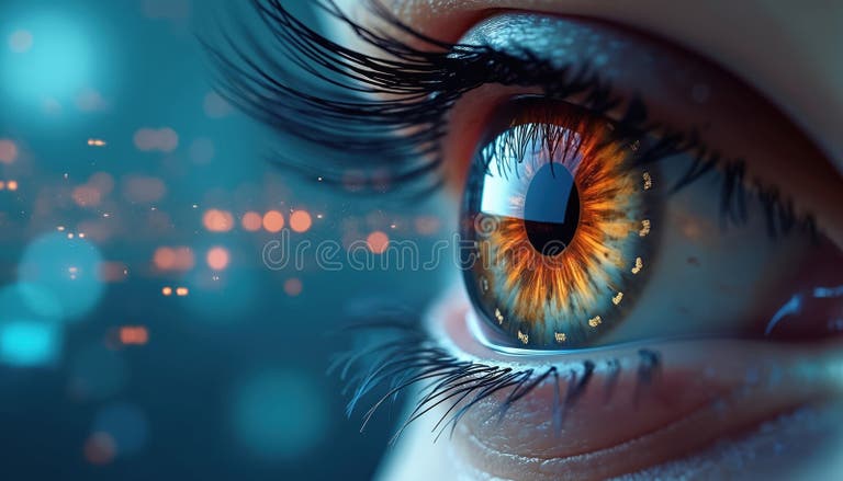 Macro Side View Illustration of Eye with Binary Code in Iris Reflects ...