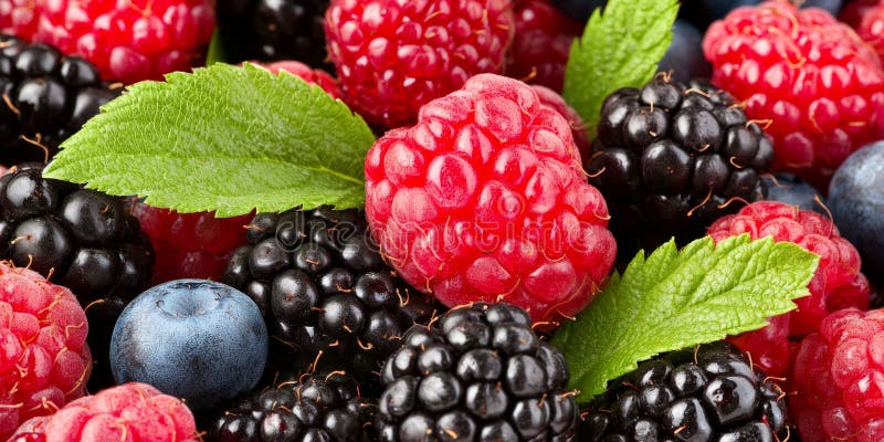 Macro Styled Image of Fresh Dew Covered Berries Green Leaves and ...