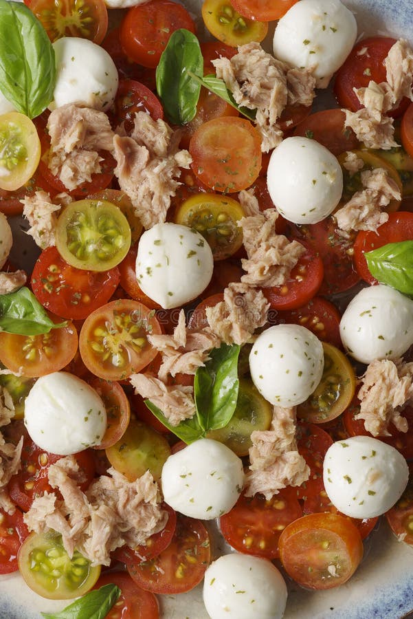 Macro of Tomato Salad with Tuna Fish, Mozzarella Cherries, and Basil ...
