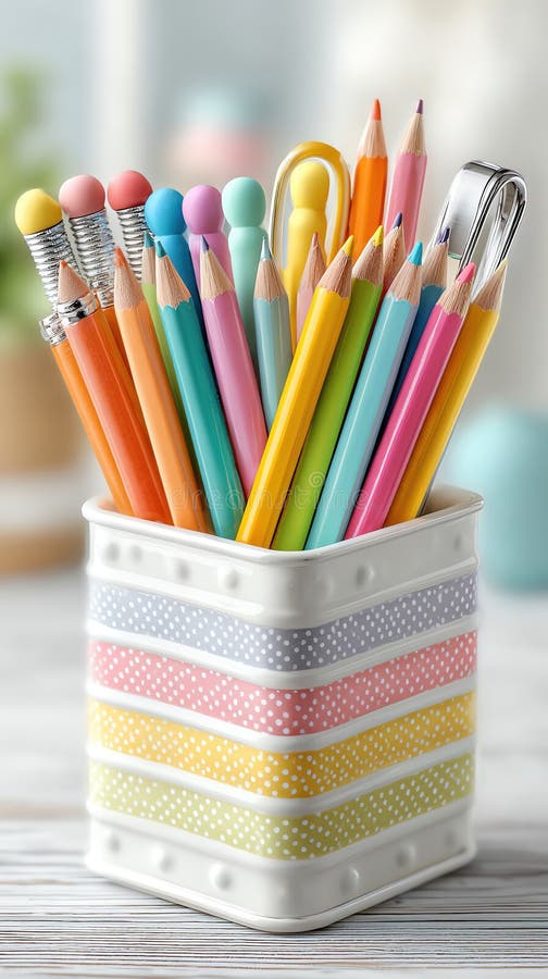 Macro View of Assorted Stationery Tools in Container, Minimal White ...