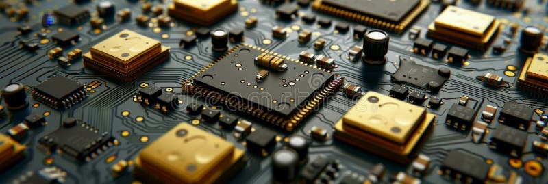 Macro View of Black Pcb with Gold Connectors, Representing Advanced ...