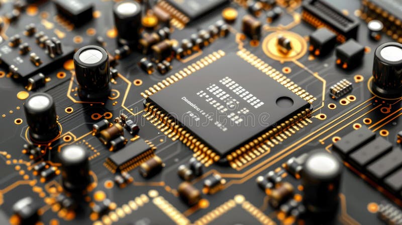 Macro View of Black Pcb with Gold Connectors, Tech Concepthorizontal ...